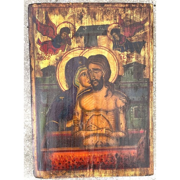 Art | Religious Icon Mary And Crucified Jesus On Wood Plank Art ...